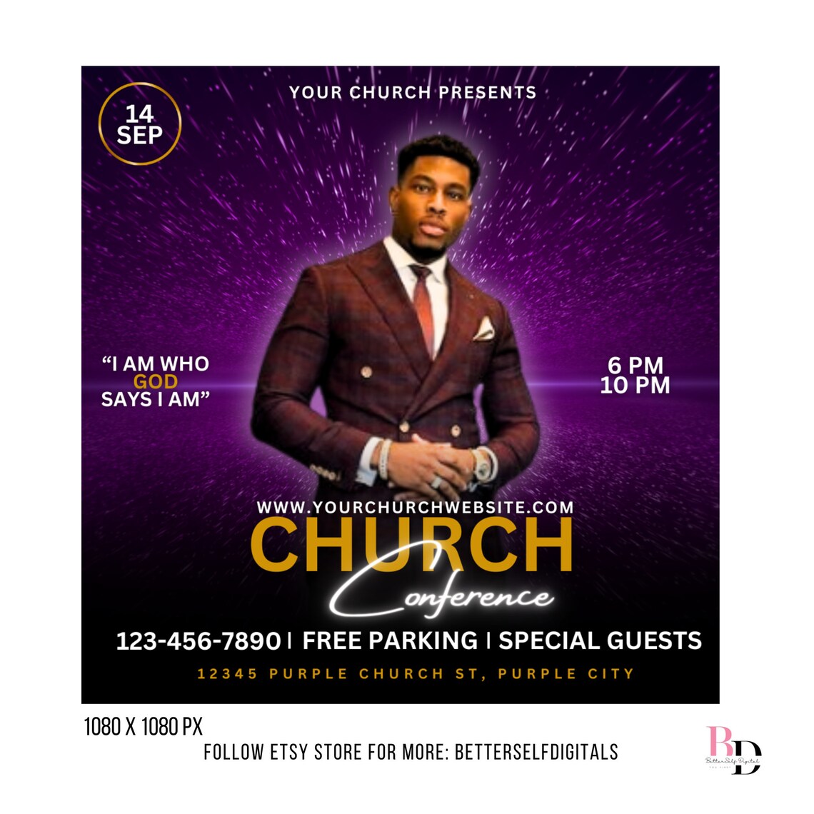 DIY Church Flyer Template, Editable on Canva Pro, Purple, Worship ...
