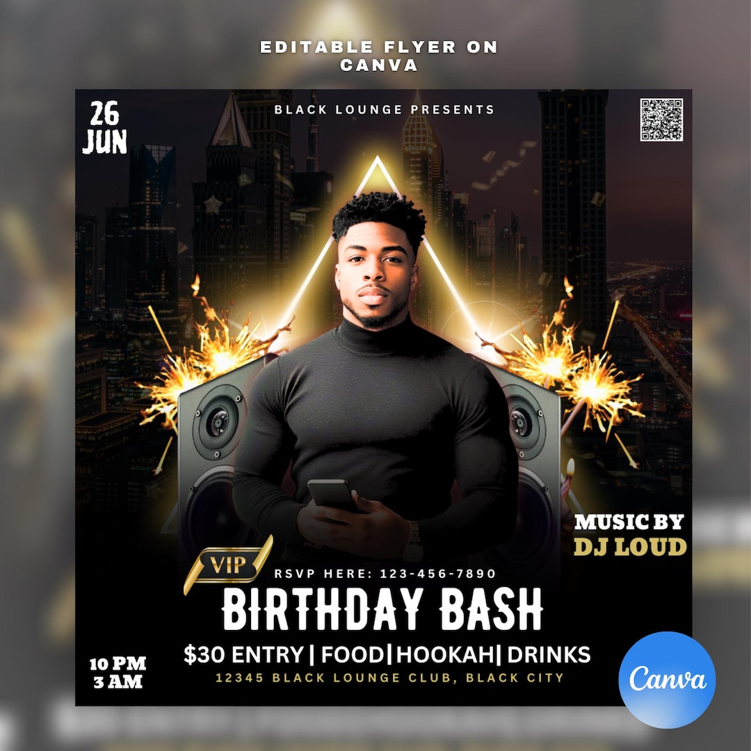 Male Birthday Flyer Invitation, Editable on Canva, Black and Gold ...