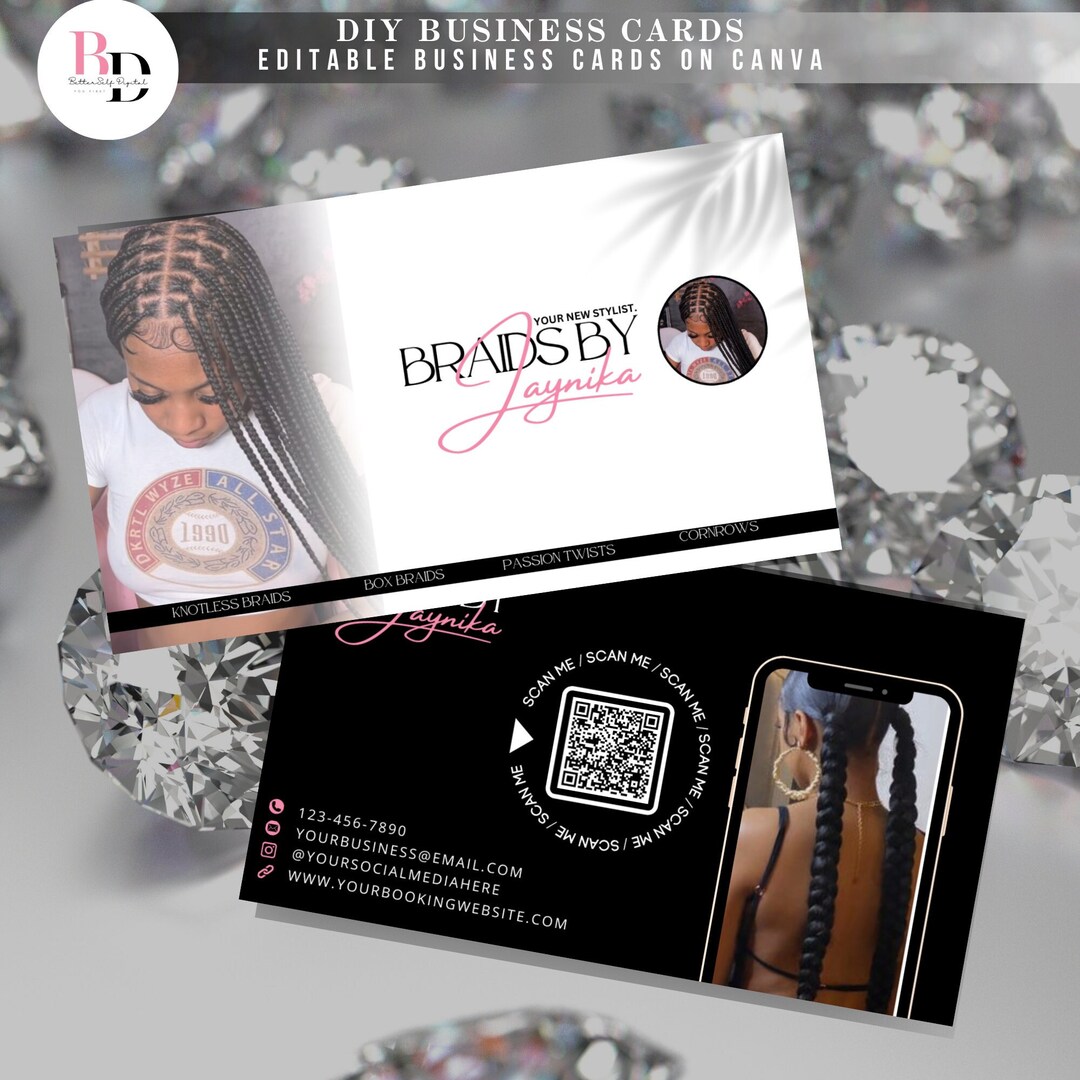 DIY Braider Business Cards, Editable on Canva, White and Pink Graphic ...