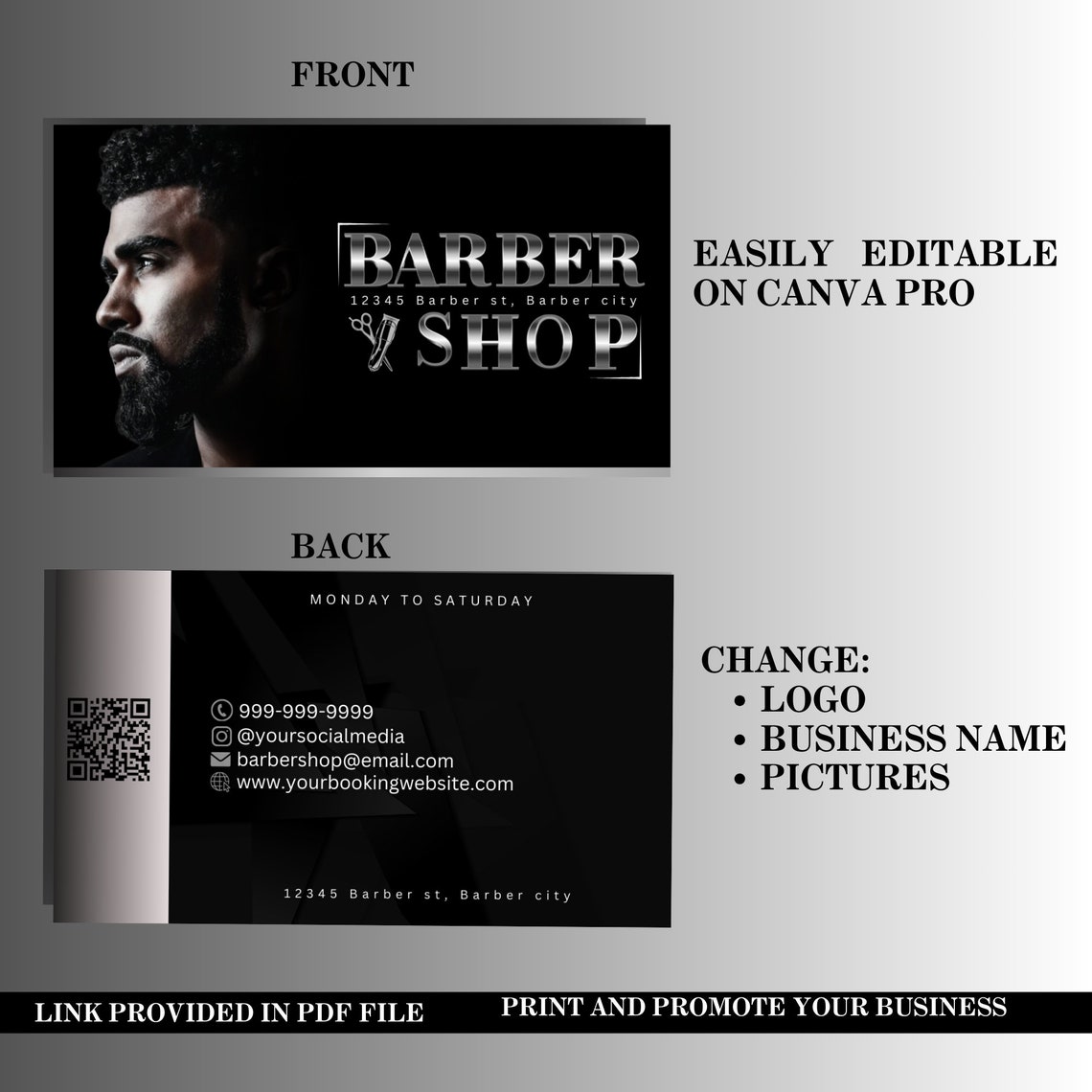 DIY Premade Barber Shop Business Cards, Black Editable Templates on ...