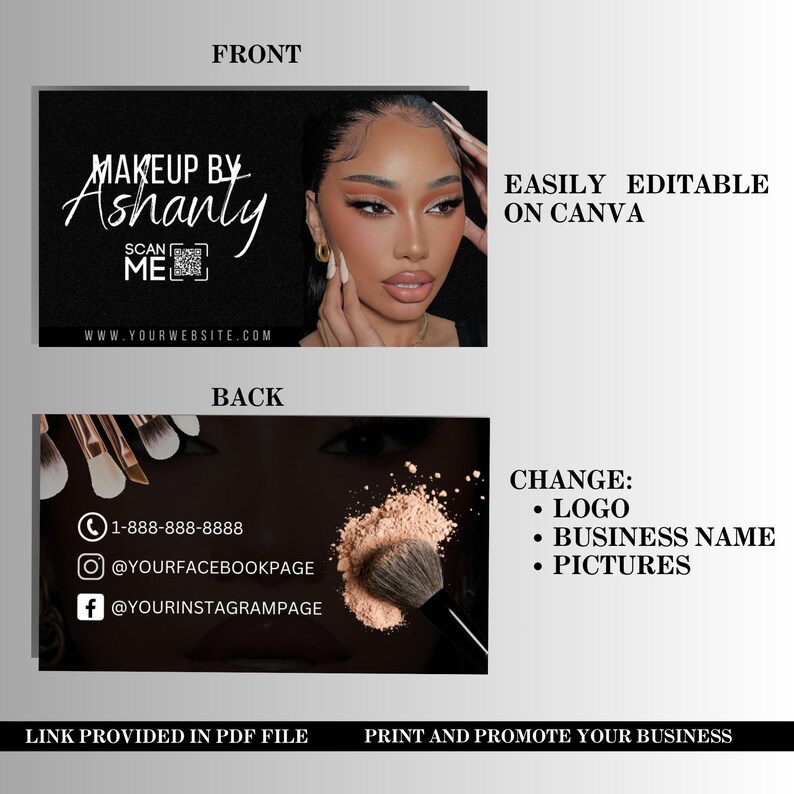 DIY Makeup Artist Business Cards With QR Code, Editable Black and Brown ...