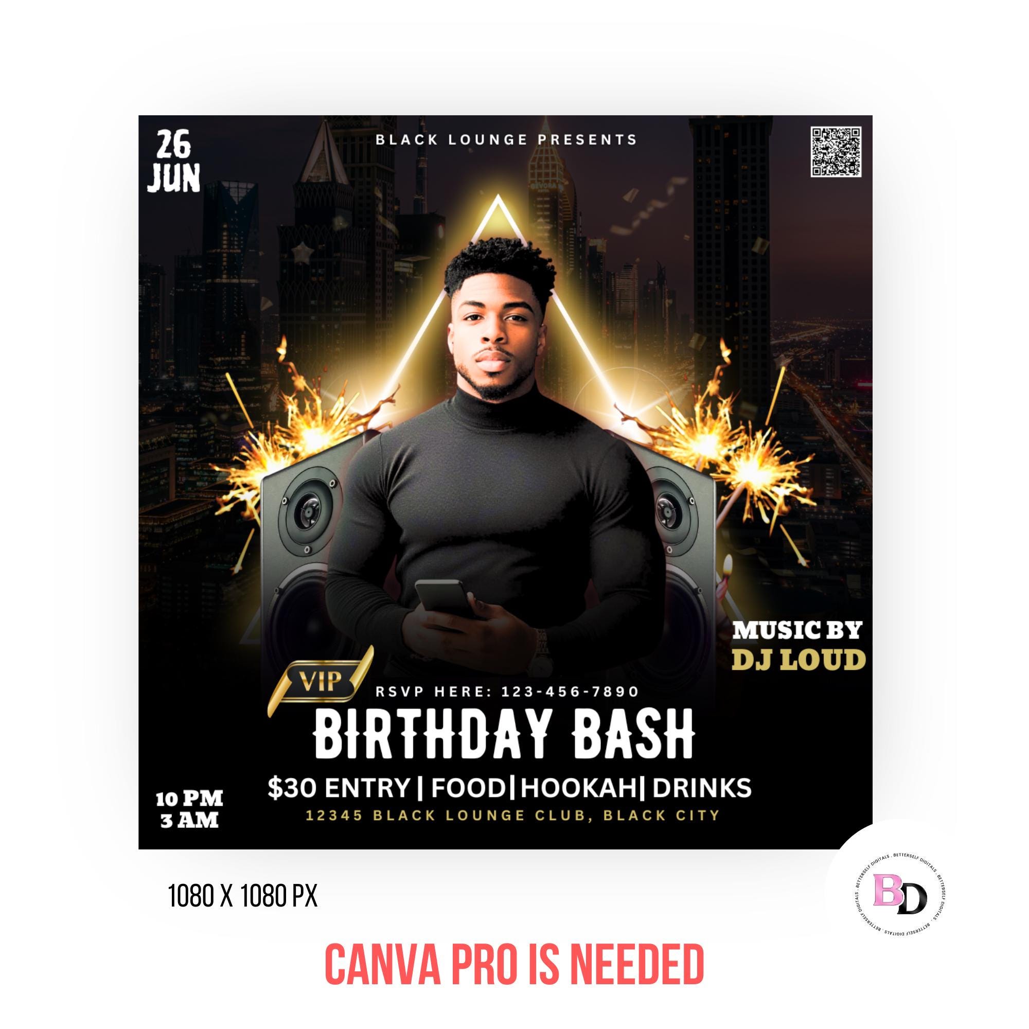Male Birthday Flyer Invitation, Editable on Canva, Black and Gold ...