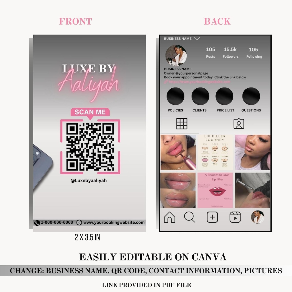 DIY Lip Fillers QR Code Instagram Business Cards Template, Botox, Lips ...