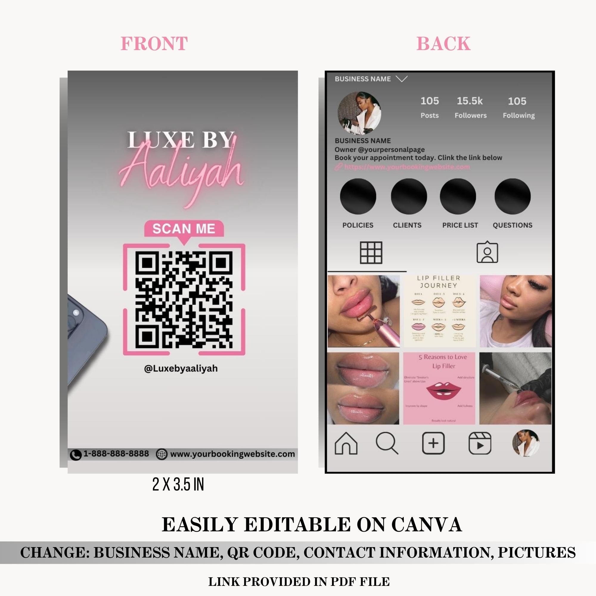 DIY Lip Fillers QR Code Instagram Business Cards Template, Botox, Lips ...