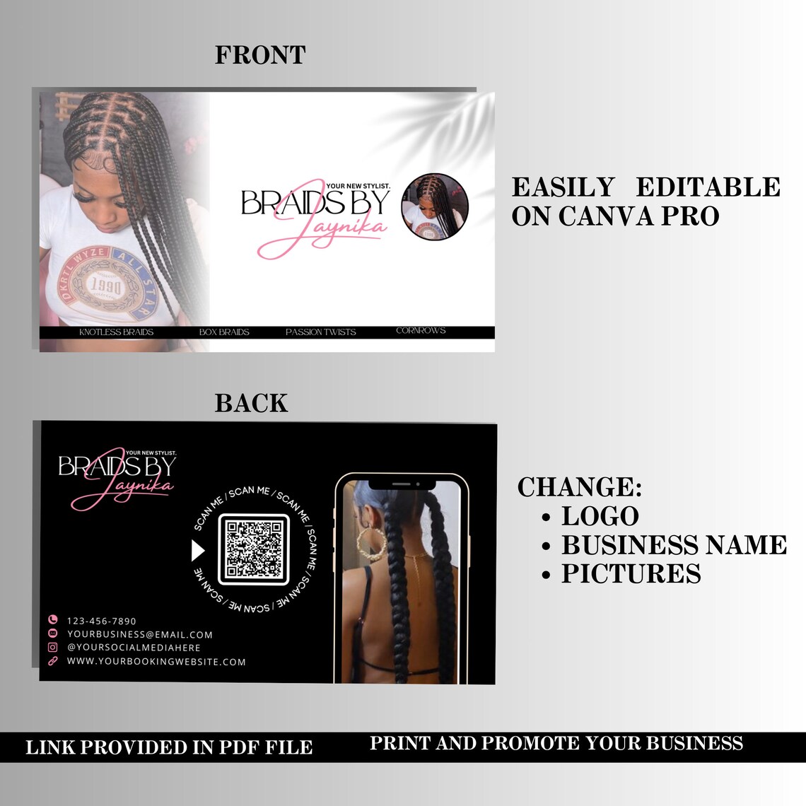 DIY Braider Business Cards, Editable on Canva, White and Pink Graphic ...
