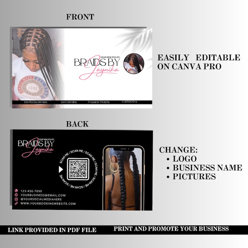 DIY Braider Business Cards, Editable on Canva, White and Pink Graphic ...