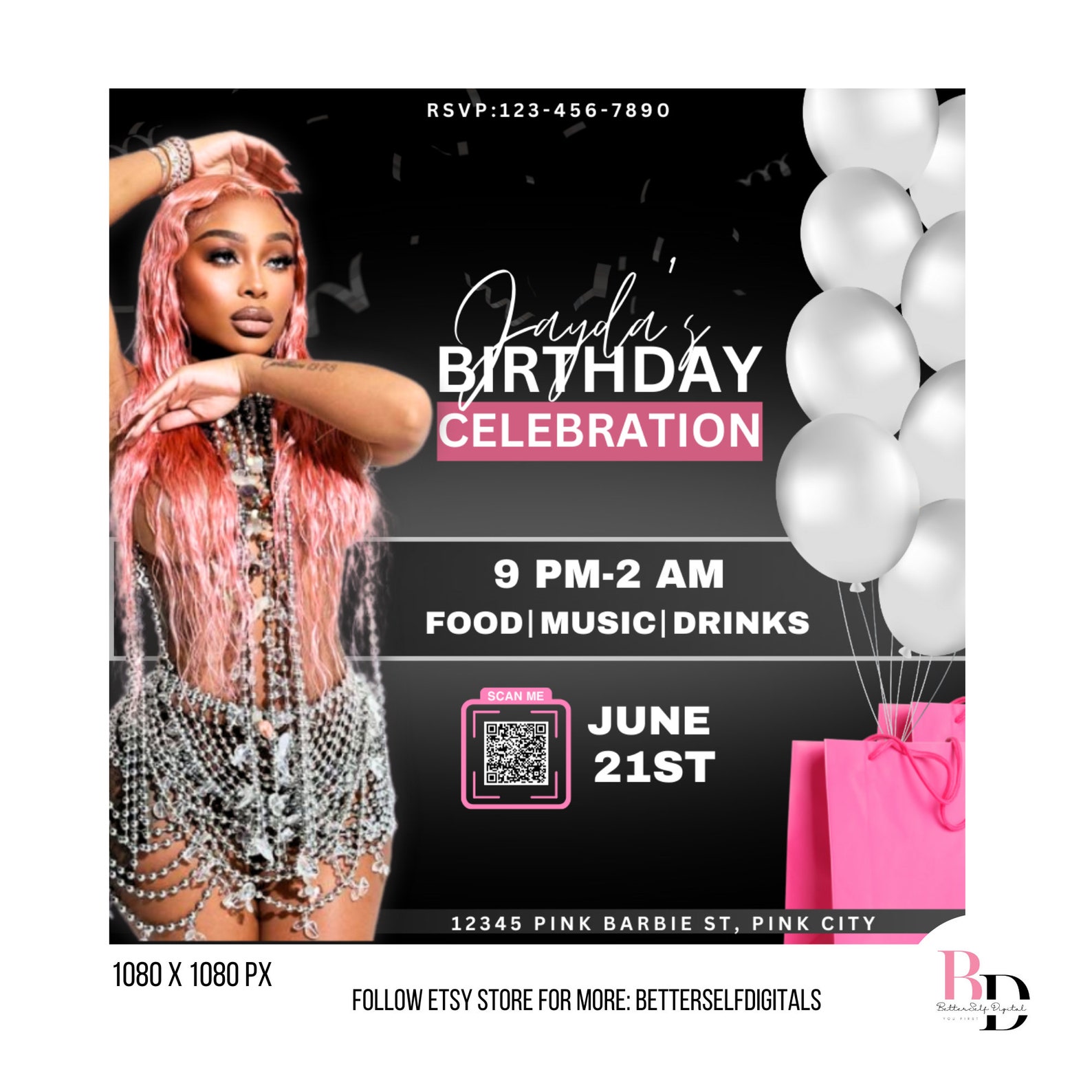 Birthday Invitation Flyer, Celebration, Editable on Canva, Pink Silver ...