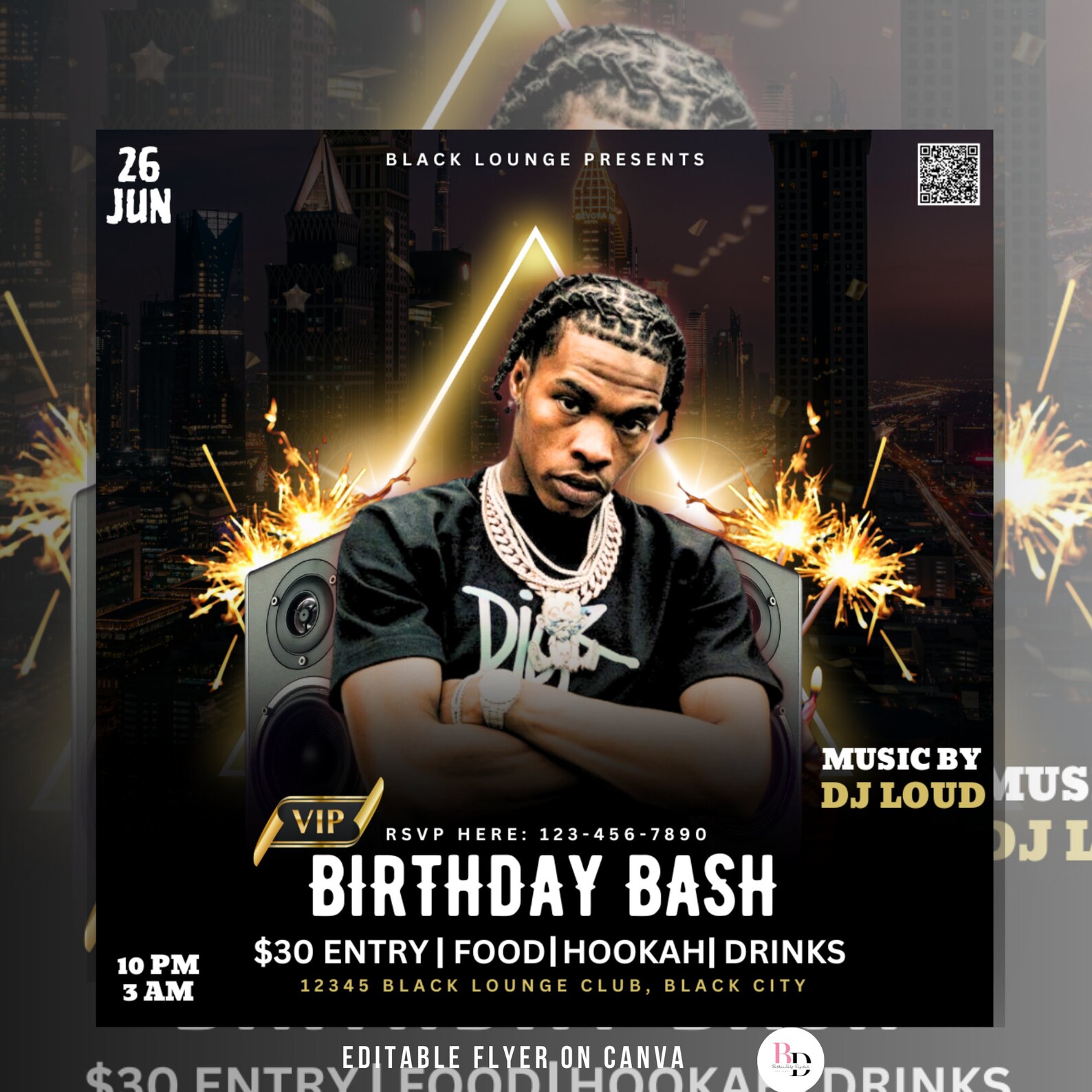 Male Birthday Flyer Invitation, Editable on Canva, Black and Gold ...