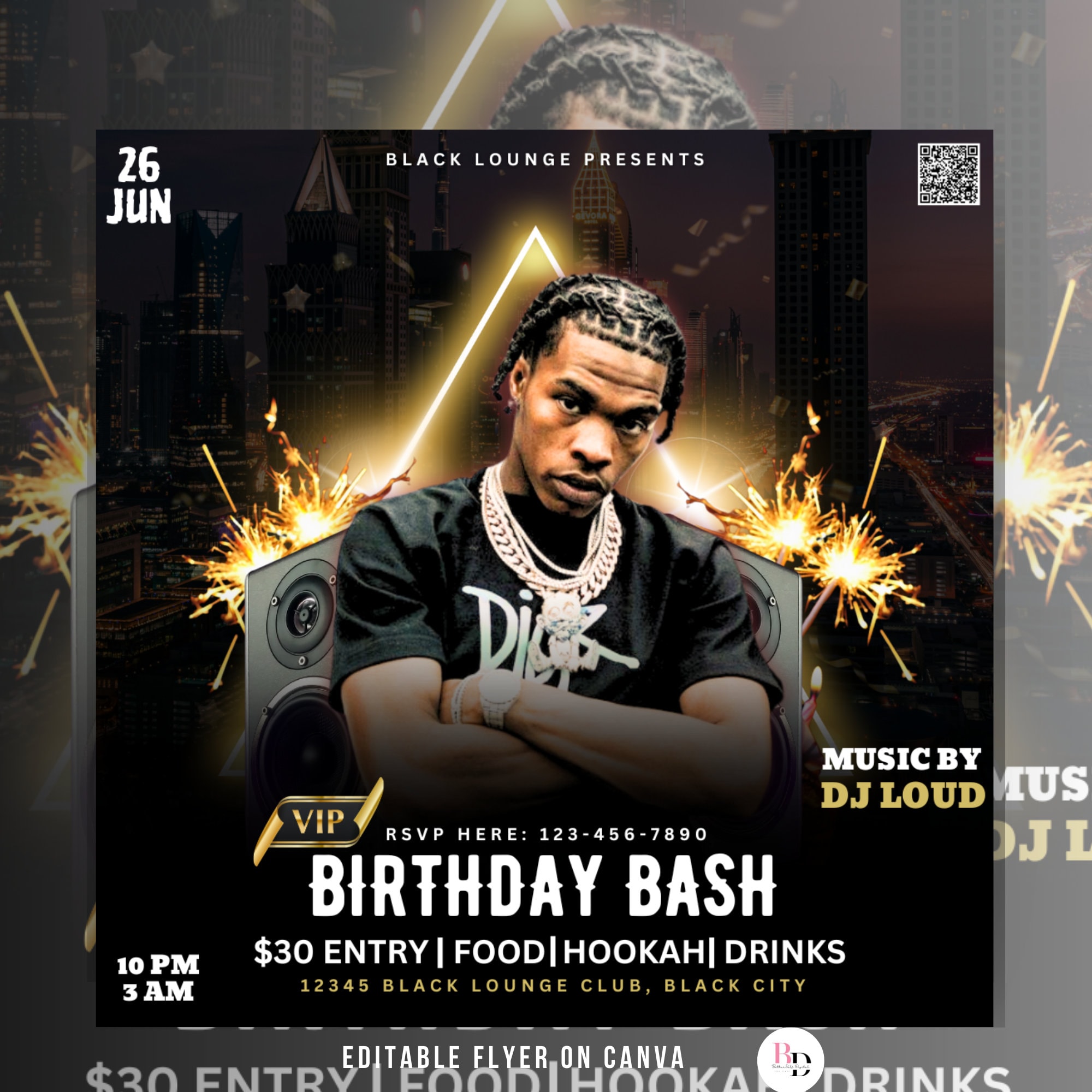 Male Birthday Flyer Invitation, Editable on Canva, Black and Gold ...