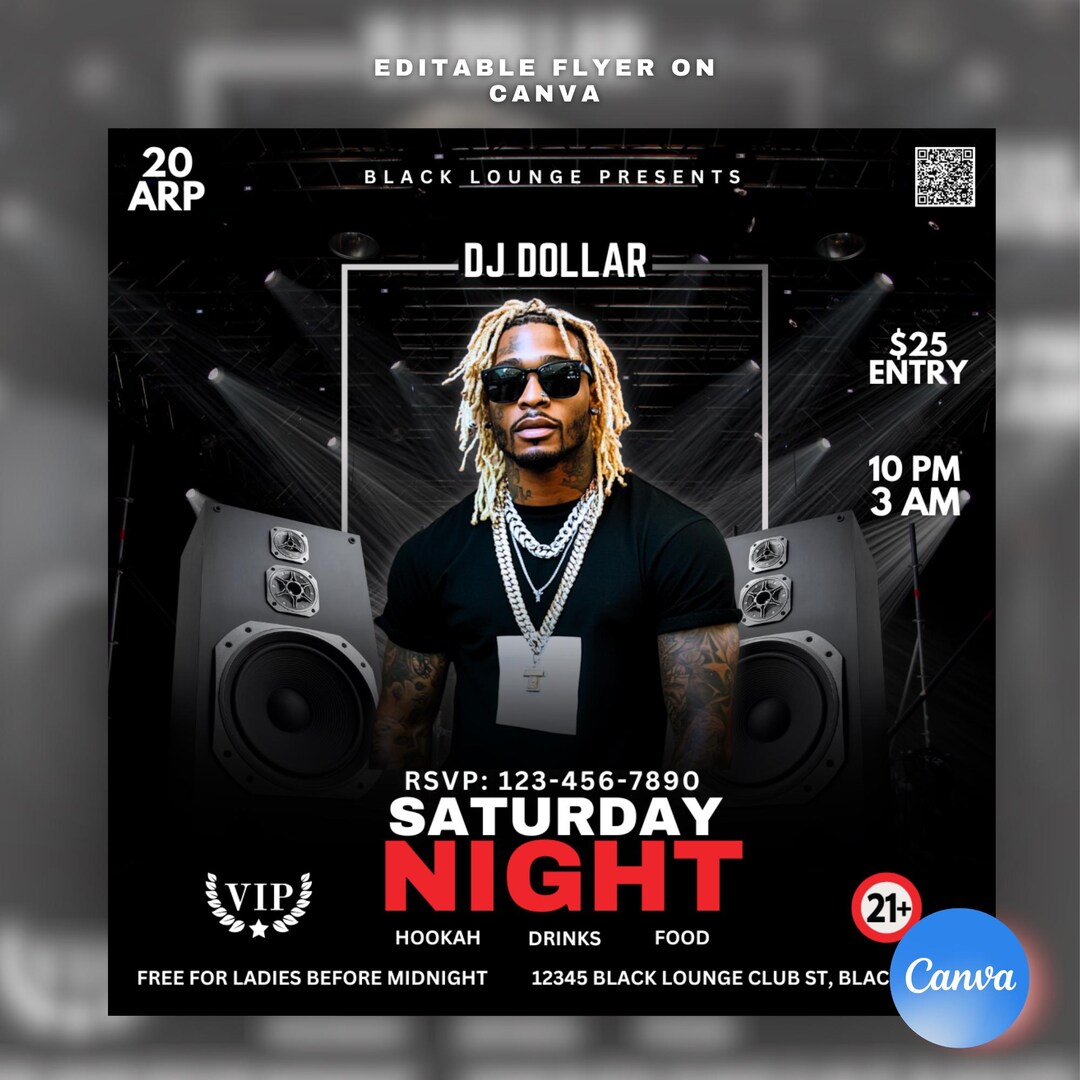 DJ Flyer, Night Club Flyer, Editable on Canva, Lounge, Party Event ...