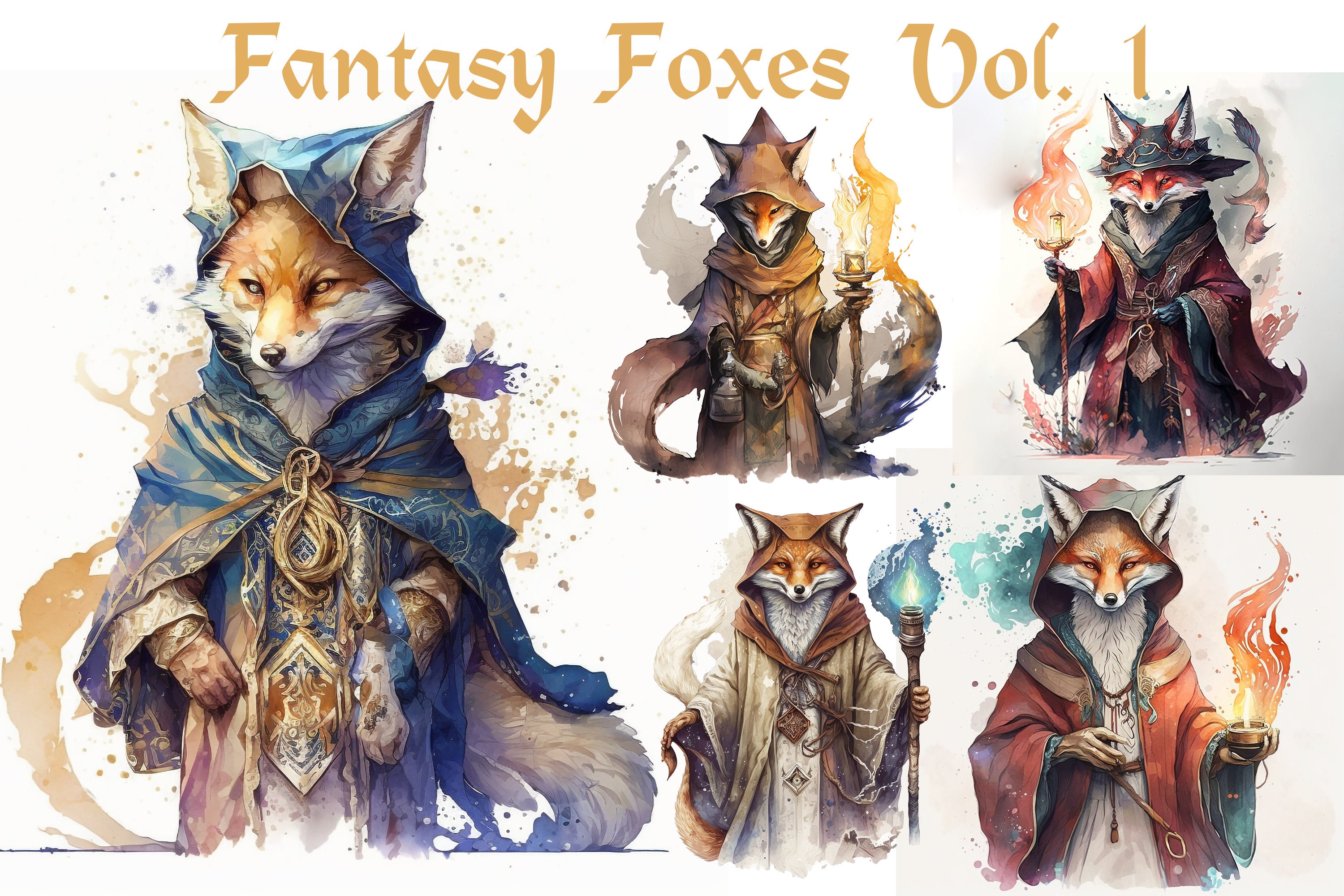 Watercolor Fantasy Fox Volume 1 Illustration Clipart PNG Character ...