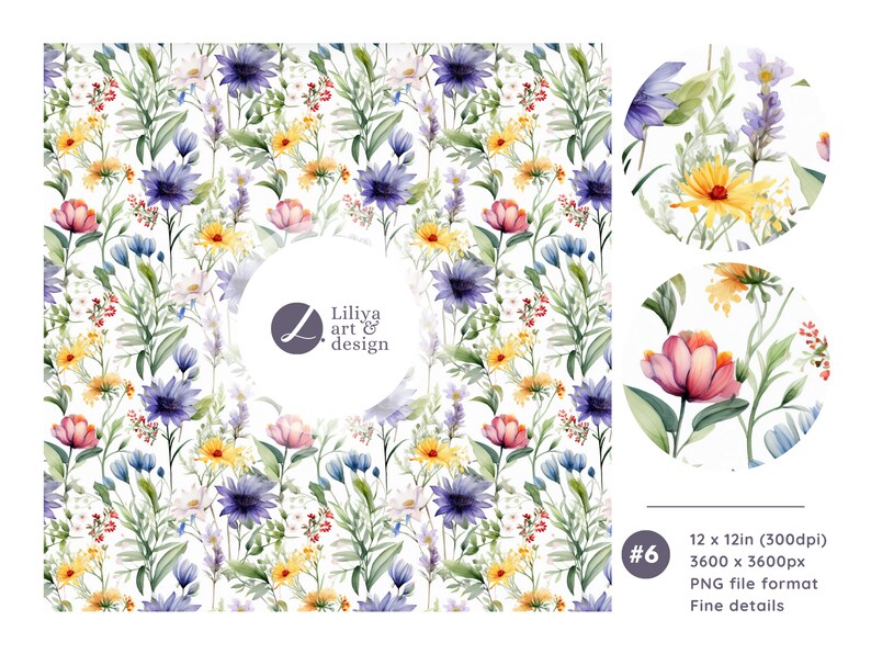 Wild Flowers Watercolor Patterns, Wildflowers Commercialuse Summer ...