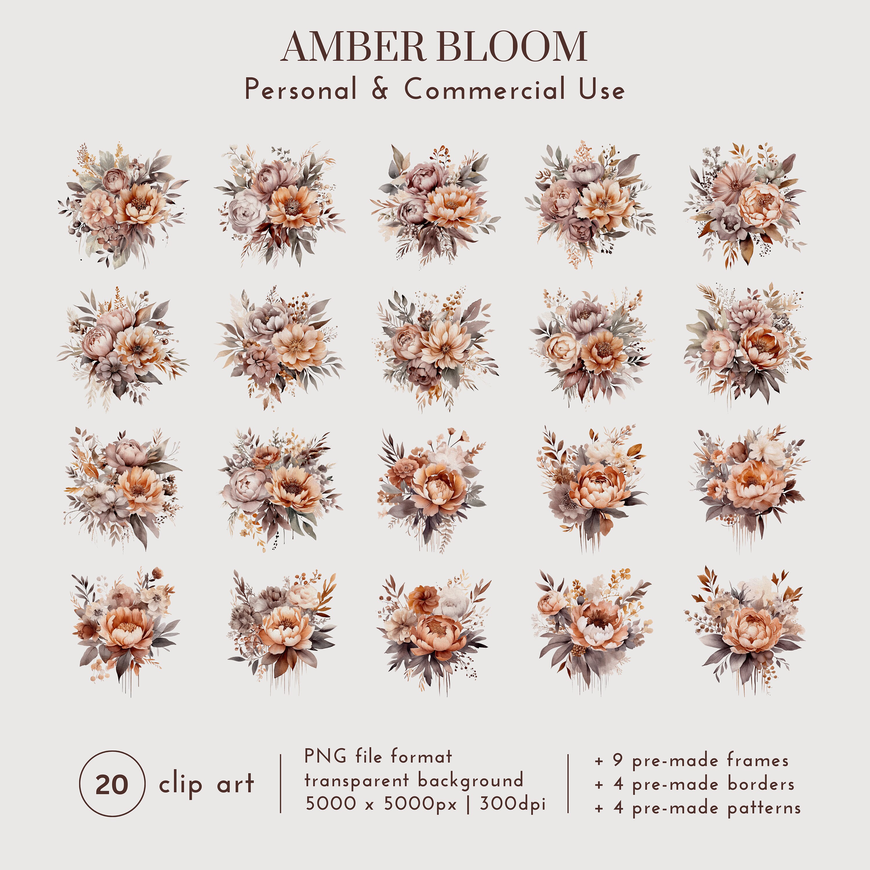 Watercolor Flowers Clipart PNG, Boho Floral Clip Art, Flower Bouquets ...