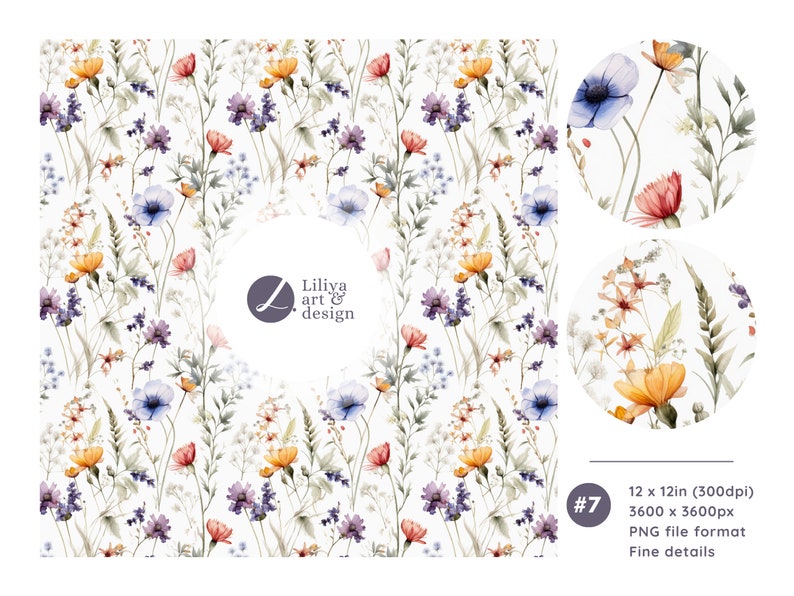 Wild Flowers Watercolor Patterns, Wildflowers Commercialuse Summer ...