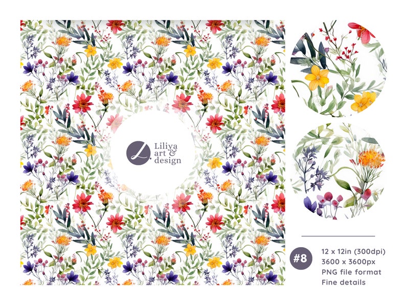 Wild Flowers Watercolor Patterns, Wildflowers Commercialuse Summer ...