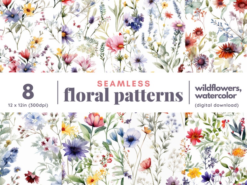 Wild Flowers Watercolor Patterns, Wildflowers Commercialuse Summer ...
