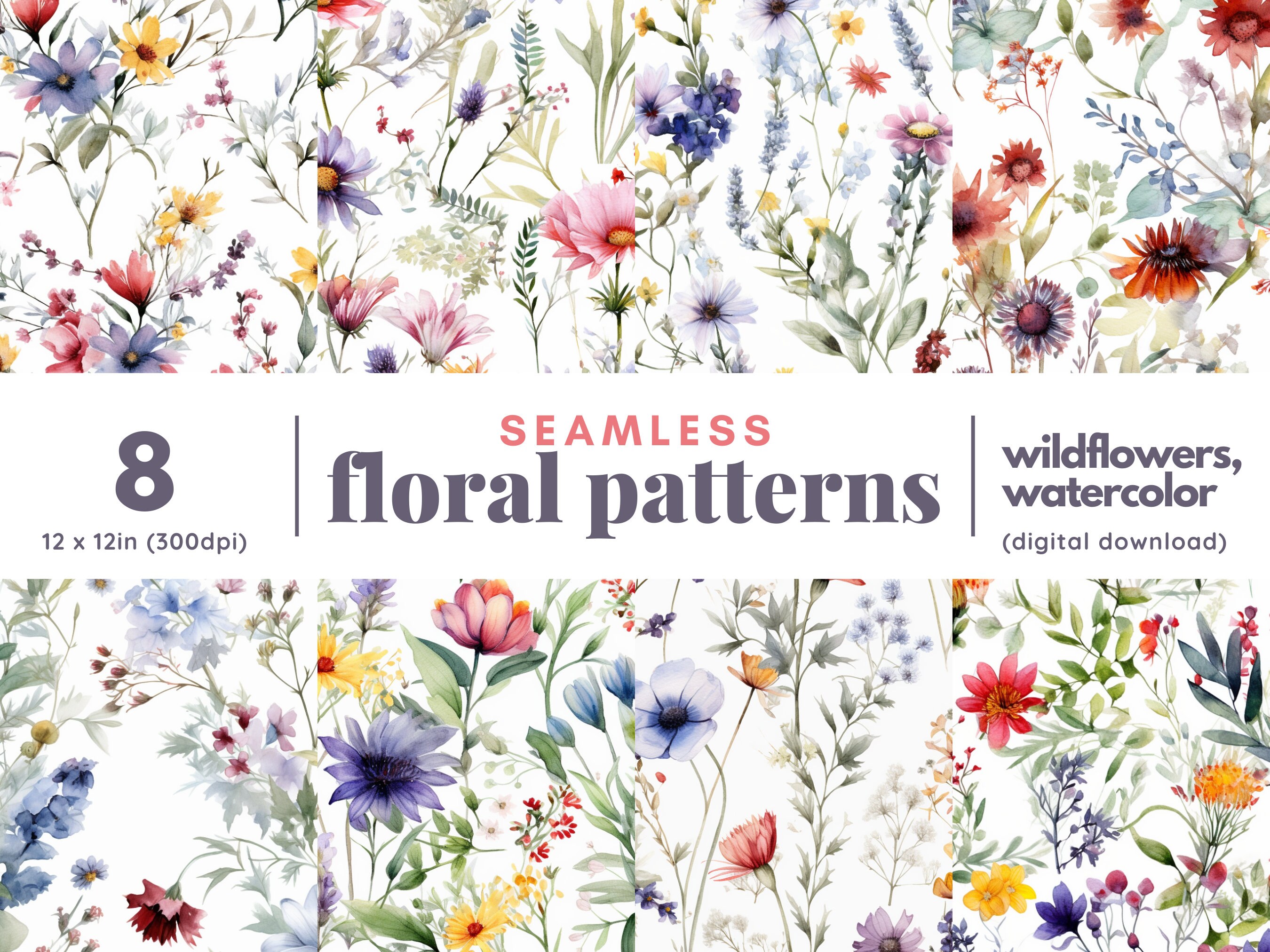 Wild Flowers Watercolor Patterns, Wildflowers Commercialuse Summer ...