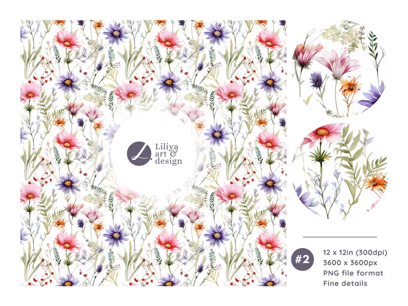 Wild Flowers Watercolor Patterns, Wildflowers Commercialuse Summer ...