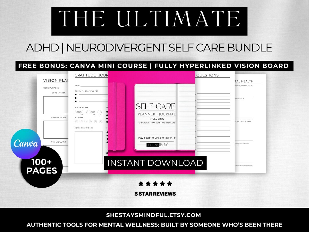 100+ ADHD Mental Wellness & Self Compassion Journal Sheets Self Care ...