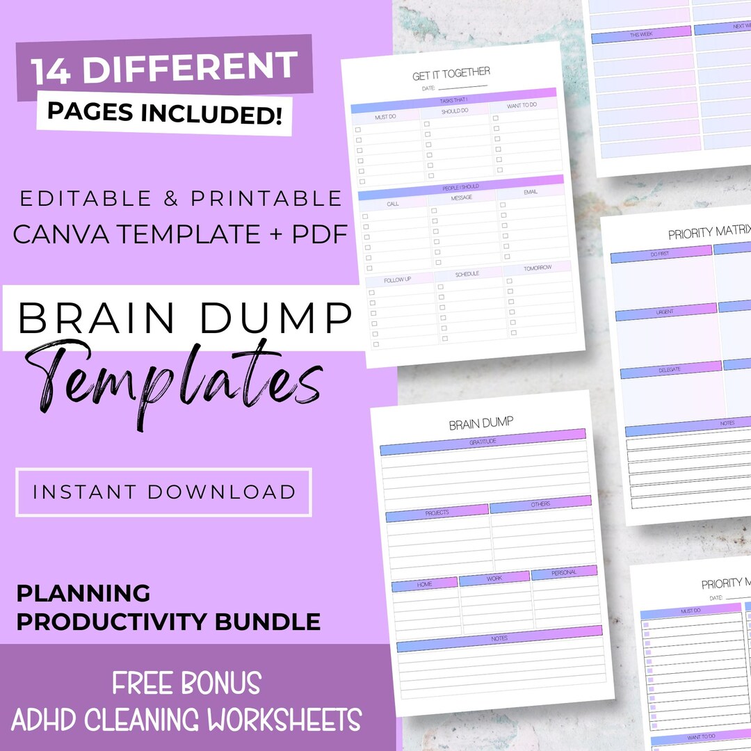 ADHD Brain Dump Planner | Editable Canva Goodnotes Bundle | Printable ...