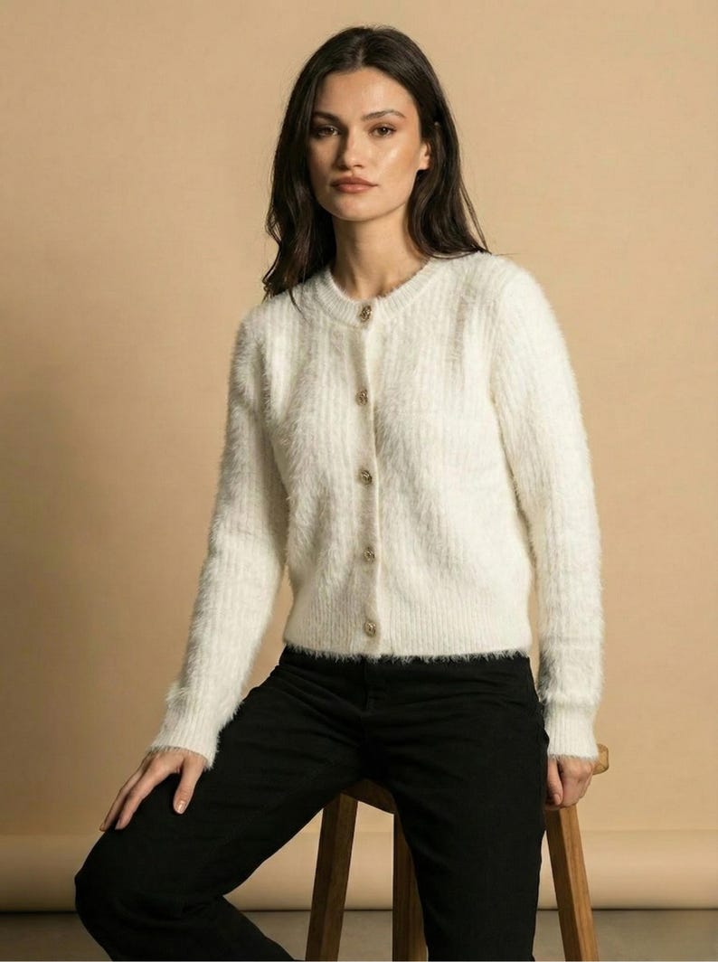 White Fuzzy Cardigan With Gold Buttons - Etsy