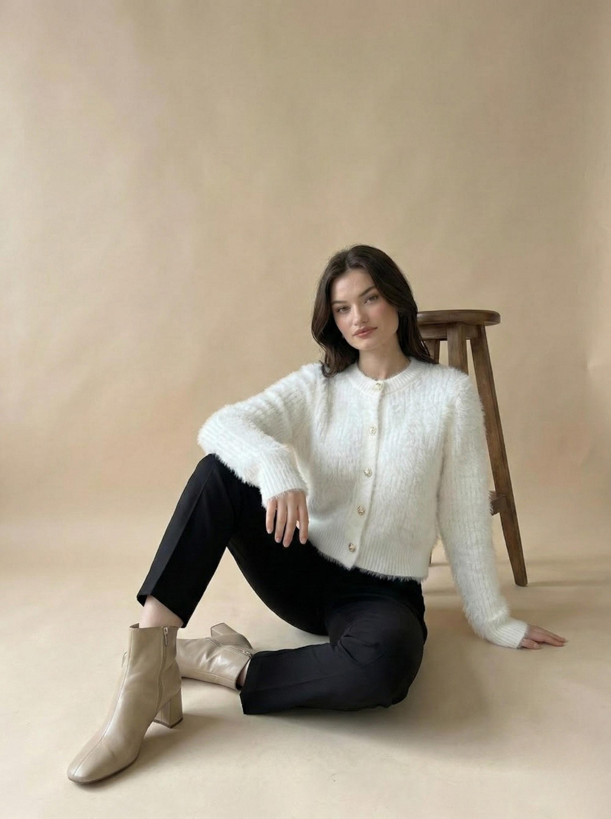White Fuzzy Cardigan With Gold Buttons - Etsy
