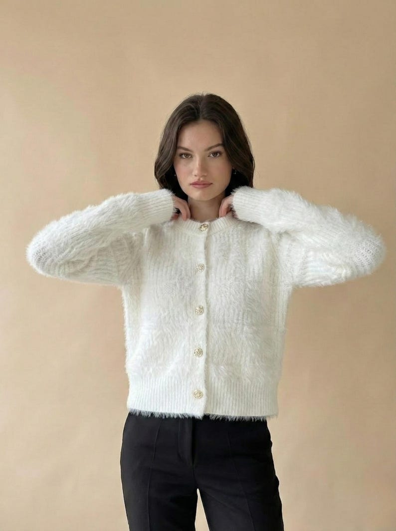 White Fuzzy Cardigan With Gold Buttons - Etsy
