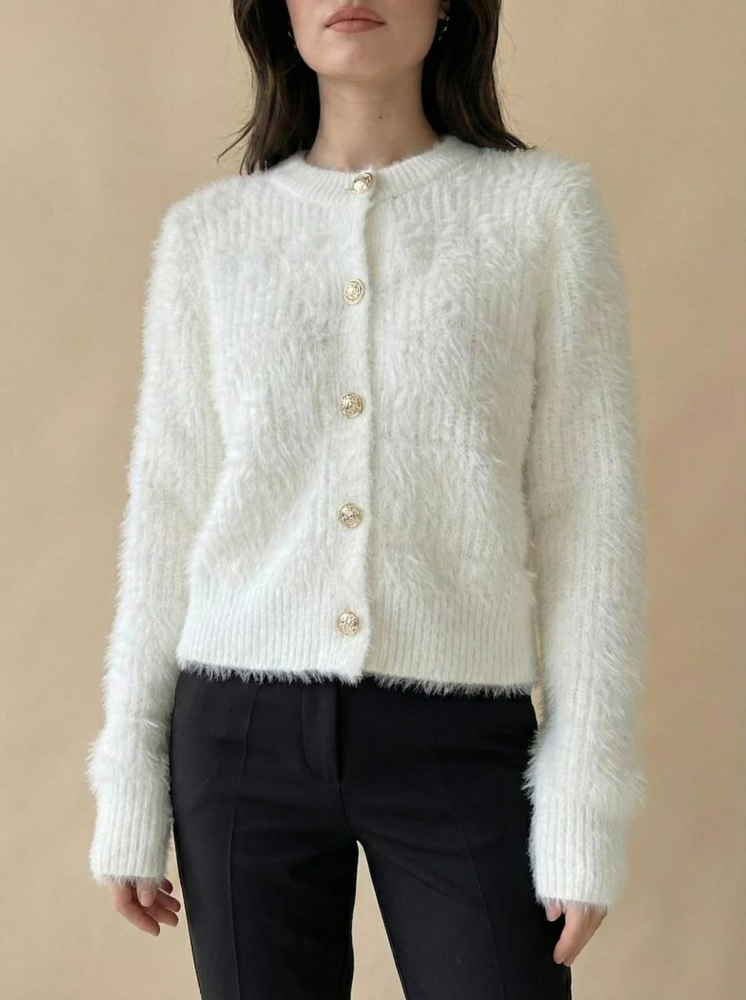 White Fuzzy Cardigan With Gold Buttons - Etsy