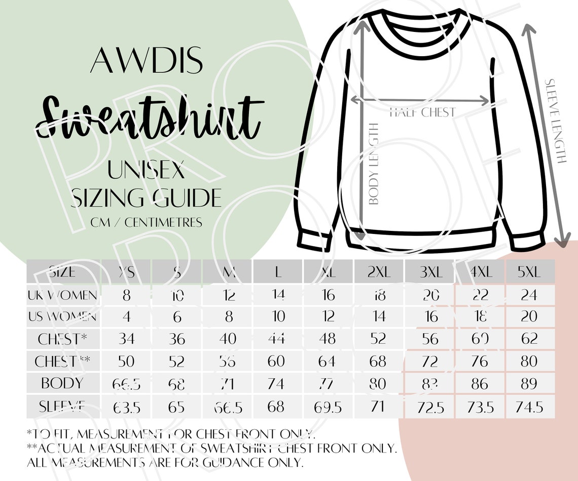 Awdis Sweatshirt JH030 Sizing Chart, Unisex Sweatshirt Size Guide ...