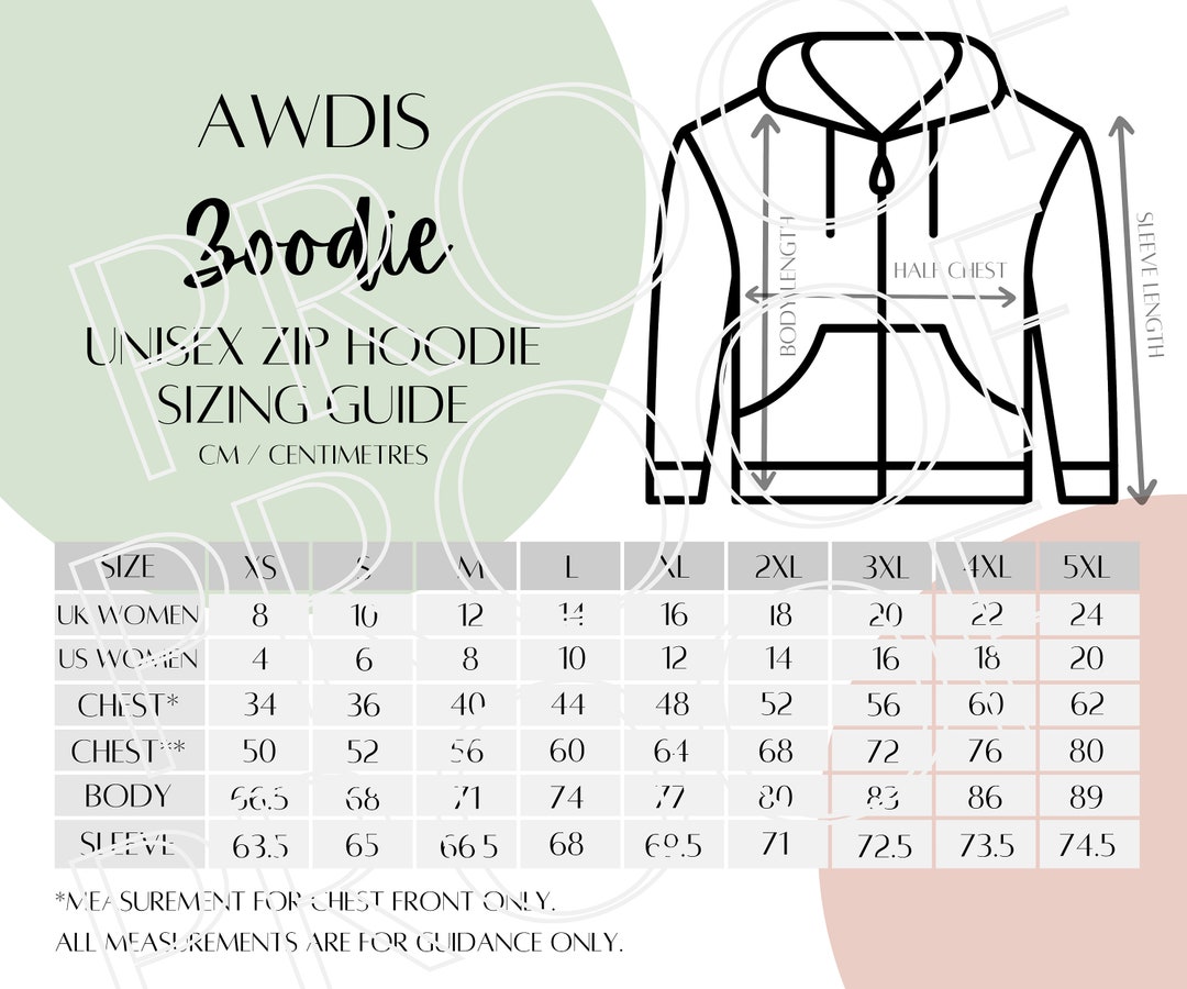 Awdis Just Hoods Zoodie JH050 Sizing Chart, Unisex Zip Thru Hoodie Size ...