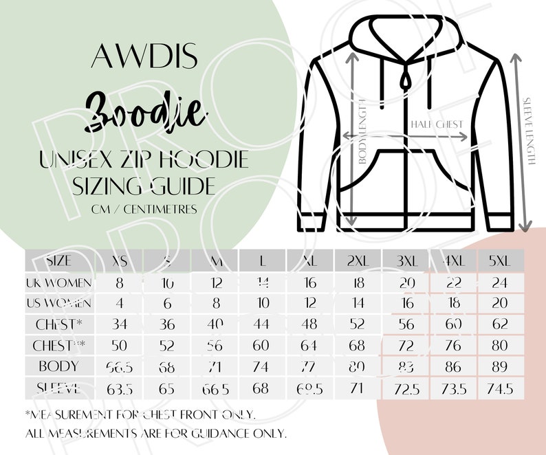 Awdis Just Hoods Zoodie JH050 Sizing Chart, Unisex Zip Thru Hoodie Size Guide, Digital Download ...