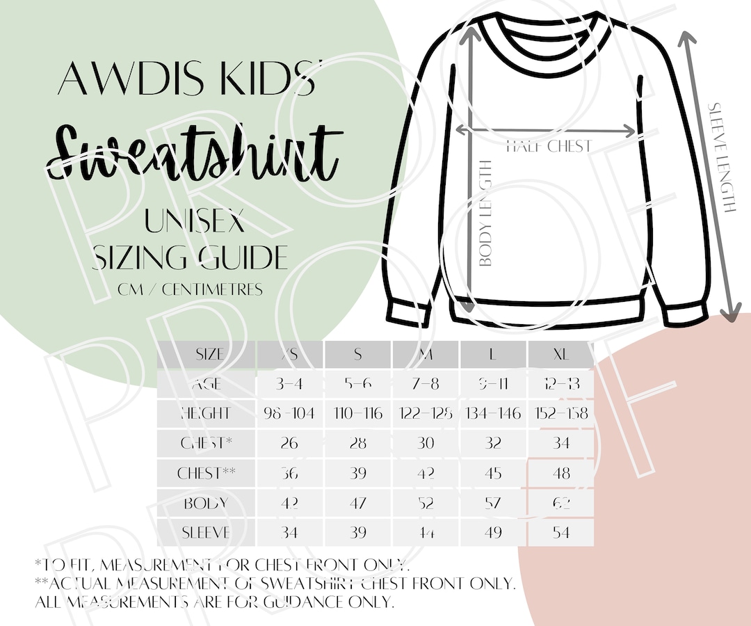 Awdis Kids Sweatshirt JH030J Sizing Chart, Unisex Childrens Sweatshirt ...