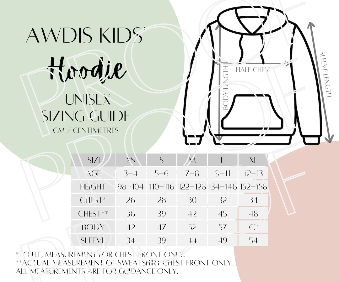 Awdis Kids Hoodie JH001J Sizing Chart, Unisex Hoodie Size Guide ...