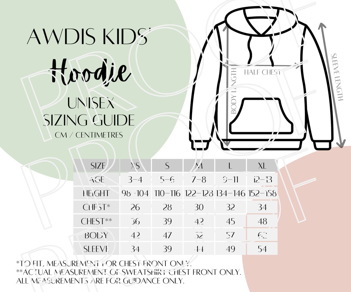 Awdis Kids Hoodie JH001J Sizing Chart, Unisex Hoodie Size Guide ...