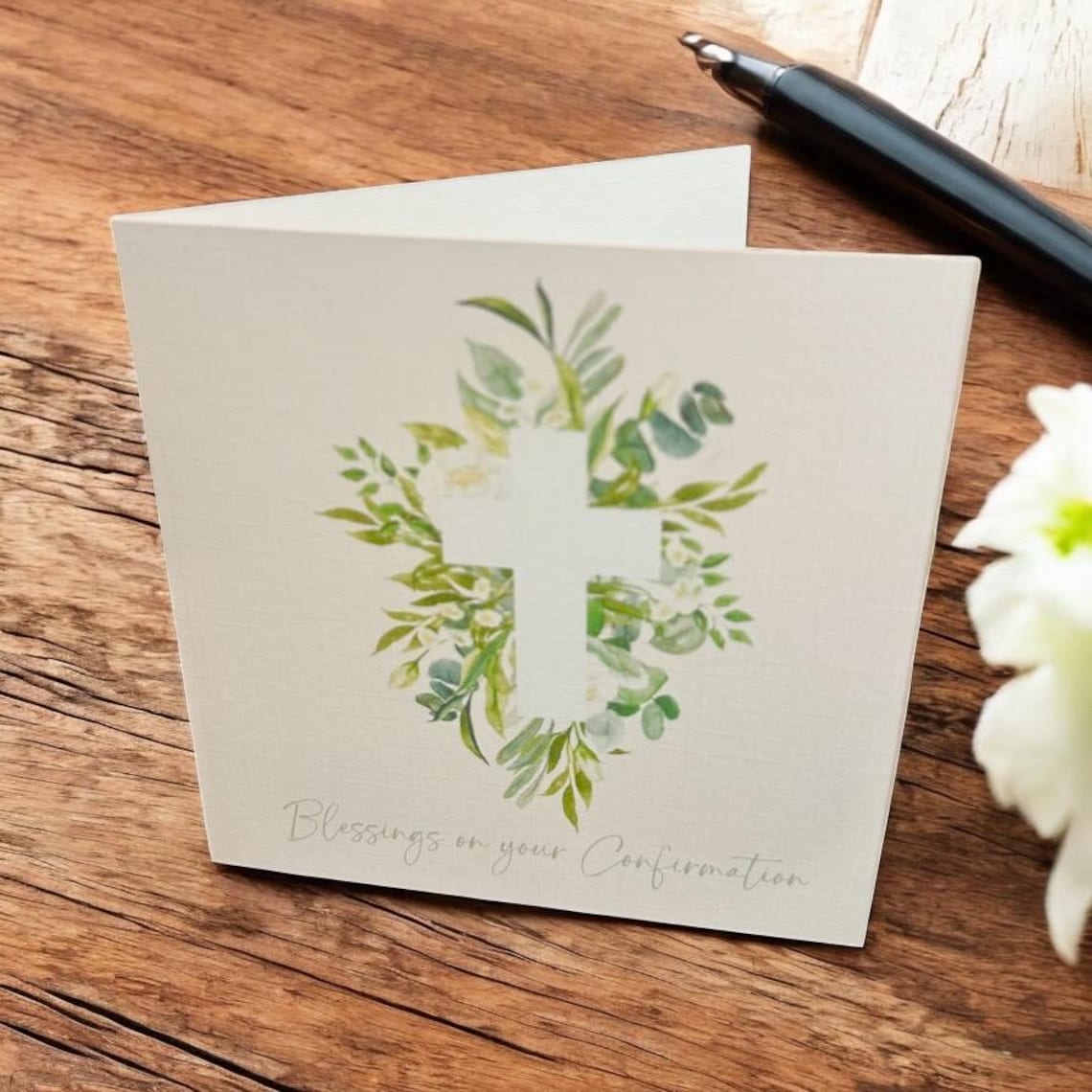 Confirmation Card With Cross and Greenery Floral Design – Religious ...