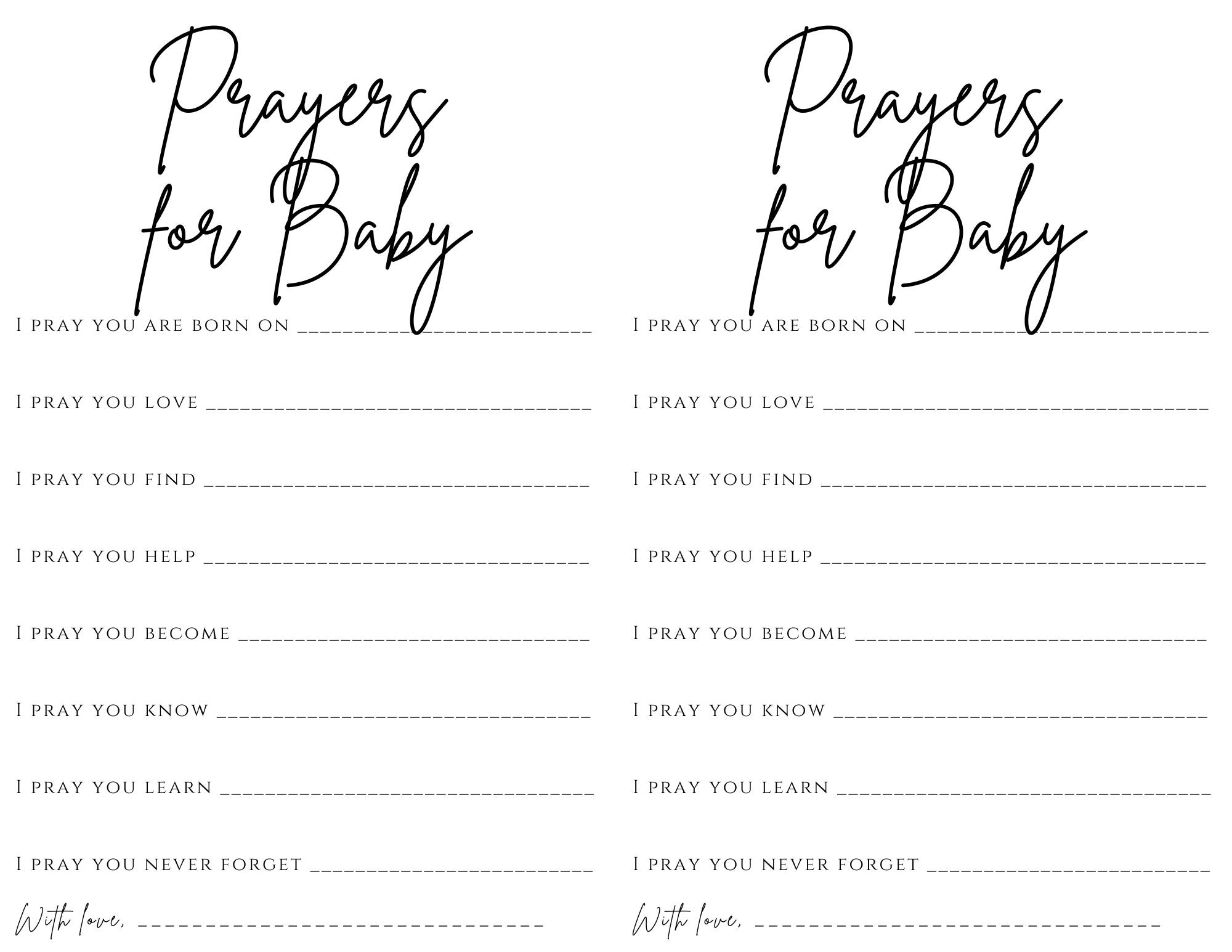 Prayers for Baby Fill in the Blank, Baby Shower Game, Baby Shower ...