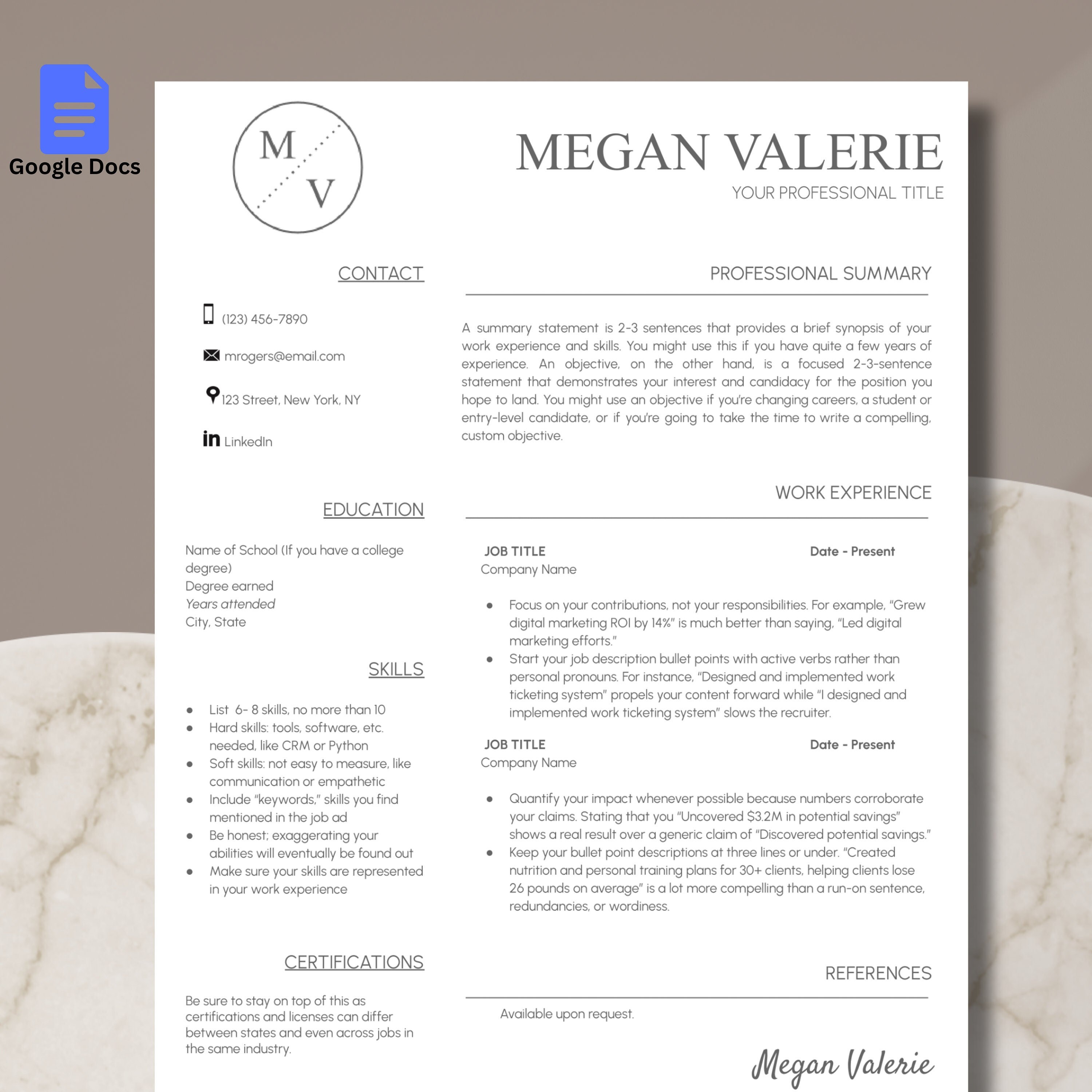 Resume Template Google Docs, Google Docs Resume Template, Monogram ...