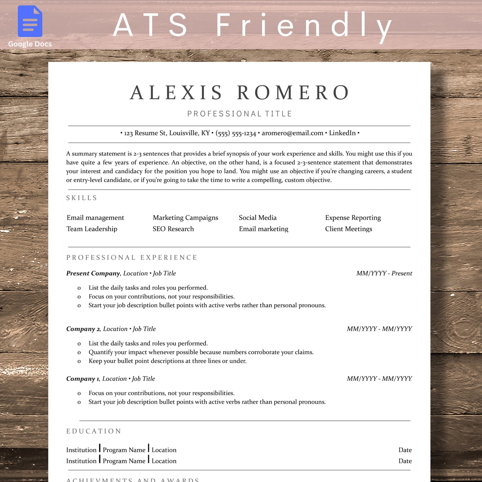 ATS Friendly Resume Template Google Docs, ATS Compatible Resume ...