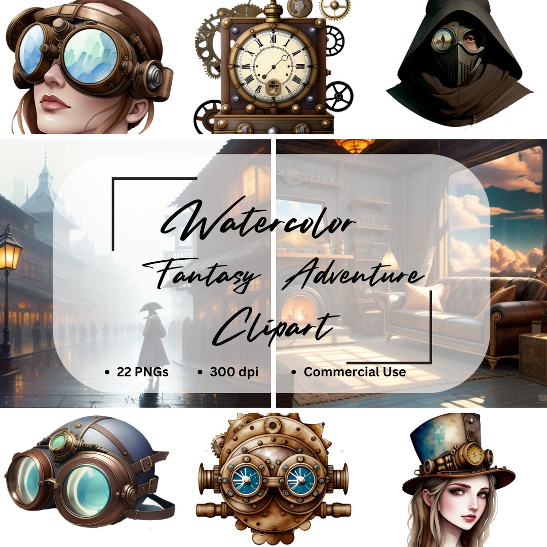 Watercolor Fantasy Adventure Clipart Bundle, Steampunk, Commercial Use ...