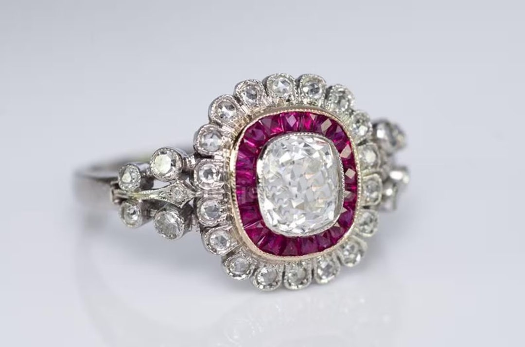 Pink Ruby Baguette Cut Halo Set Wedding Ring, Handmade Jewellery ...