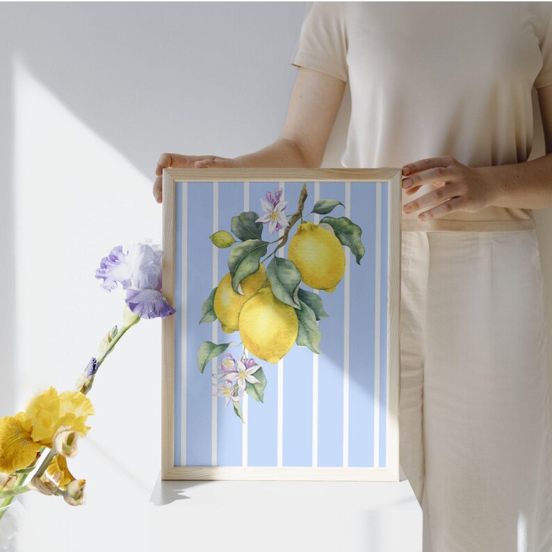 Lemon Wall Art Printable – Watercolor Lemon Branch, Blue Striped ...