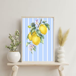 Lemon Wall Art Printable – Watercolor Lemon Branch, Blue Striped ...