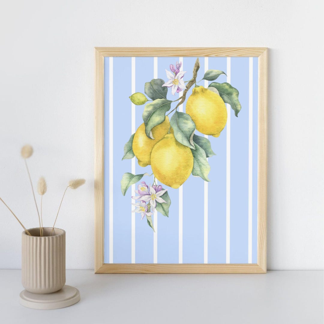Lemon Wall Art Printable – Watercolor Lemon Branch, Blue Striped ...