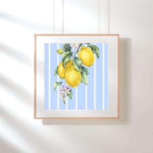 Lemon Wall Art Printable – Watercolor Lemon Branch, Blue Striped ...