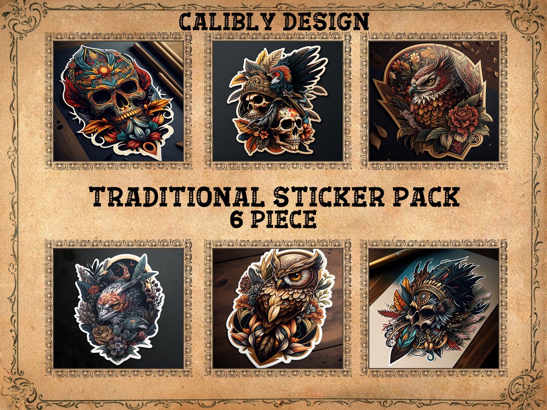 Traditional Printable Sticker Pack: Owls, Skulls, and Eagles, Vintage ...