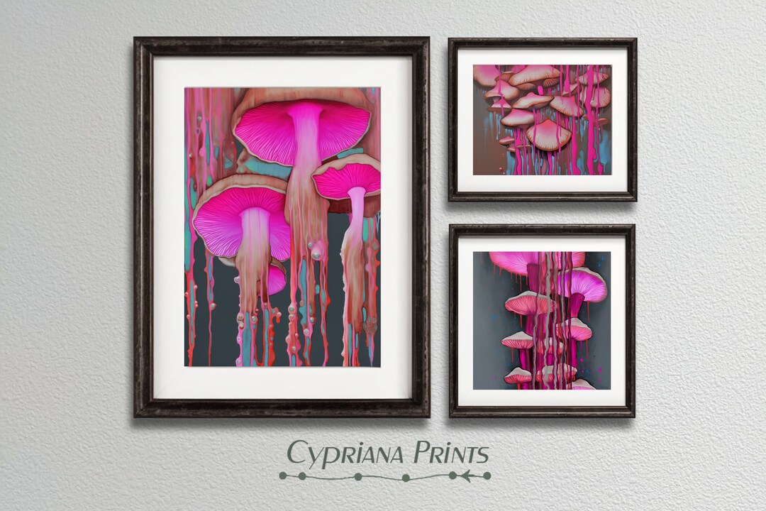 Trippy Drippy Pink Mushroom Art, 3 Prints, Digital Download - Etsy