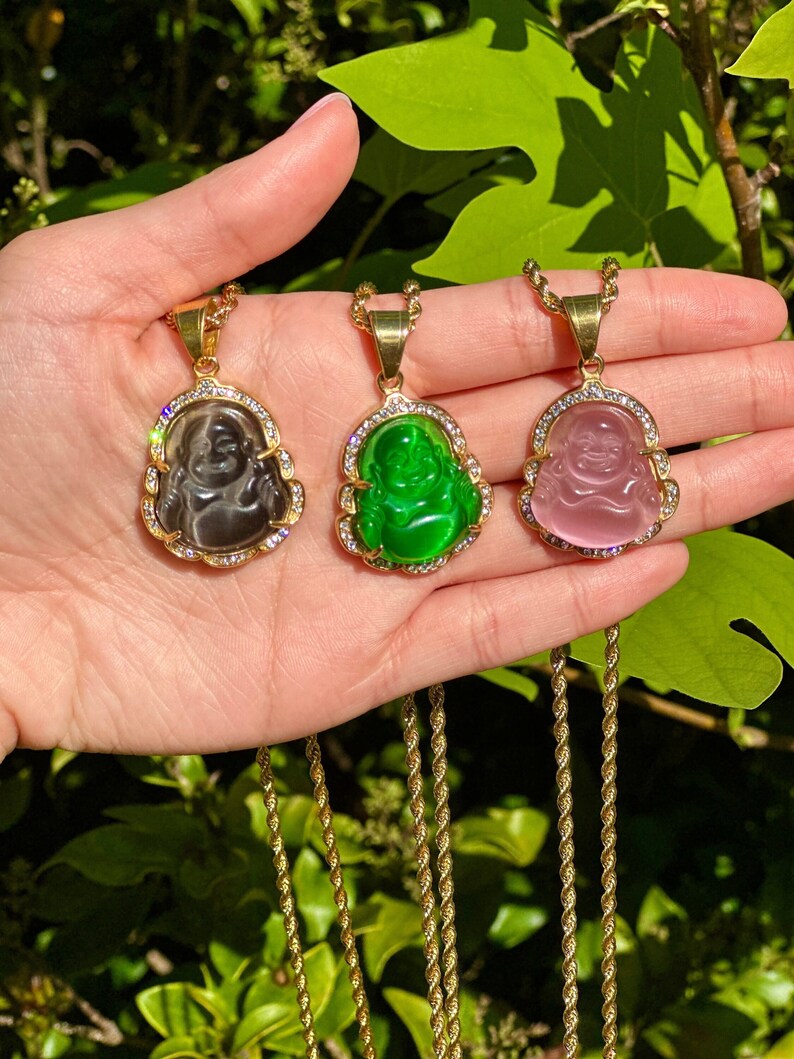 Jade Buddha Necklace 18k Gold Plated Stainless Steel Water/ Sweat Proof ...