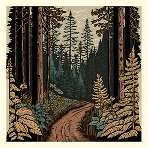Trail in the Cascades Woodblock Print | Digital Art Print Download ...