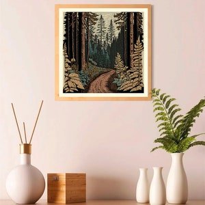 Trail in the Cascades Woodblock Print | Digital Art Print Download ...