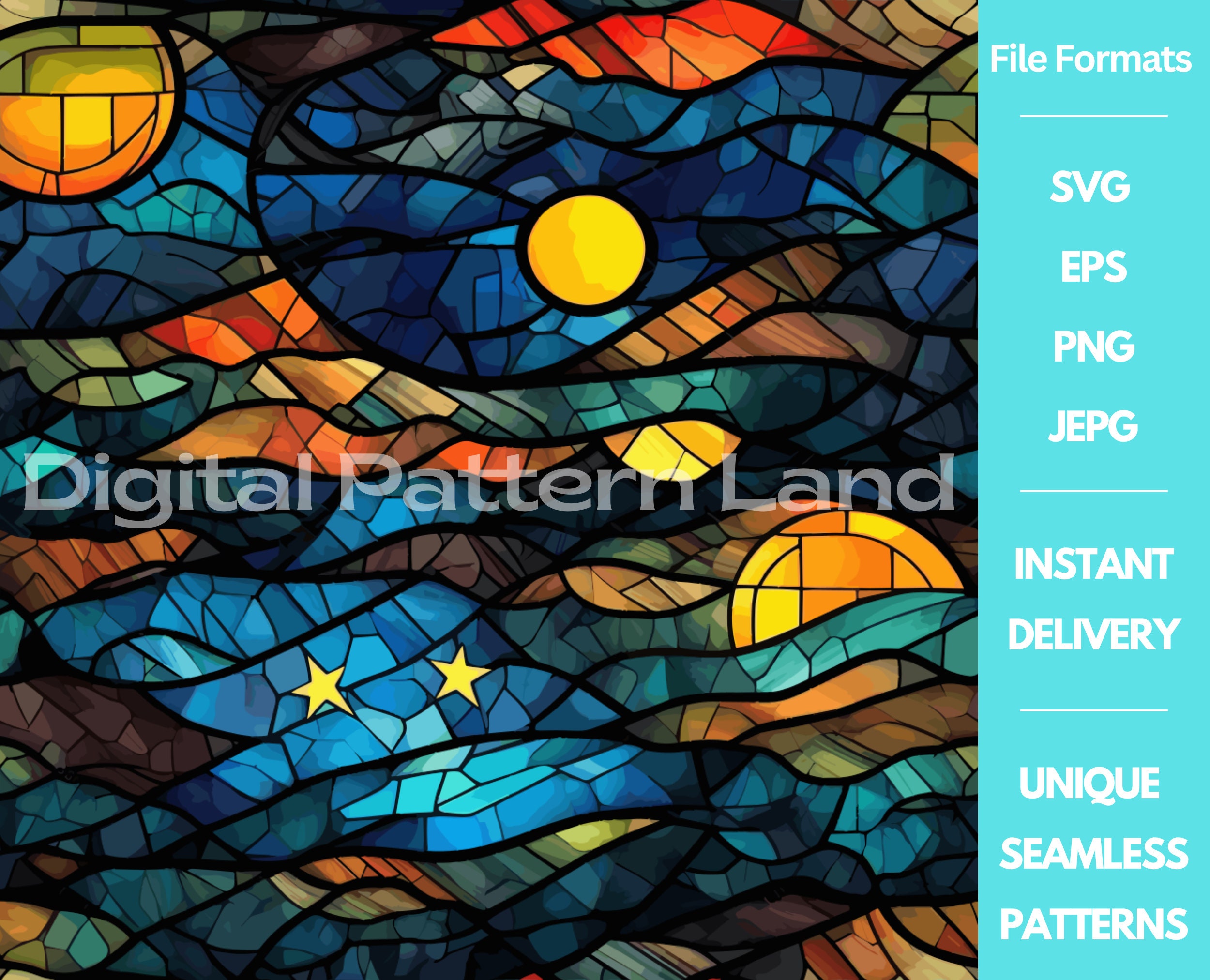 Colourful Stained Glass Night Sky, Stained Glass Sky Seamless Pattern ...